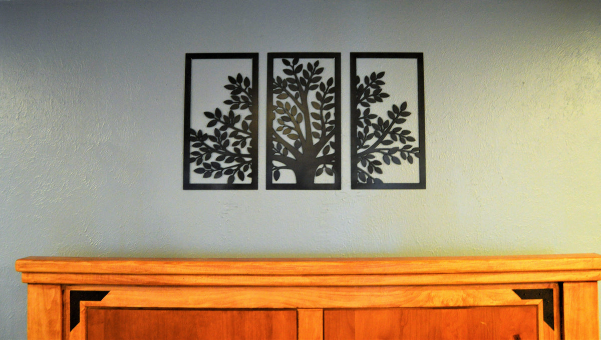 3-Panel Tree Scene Metal Wall Art - Nature Inspired Wall Hanging ...