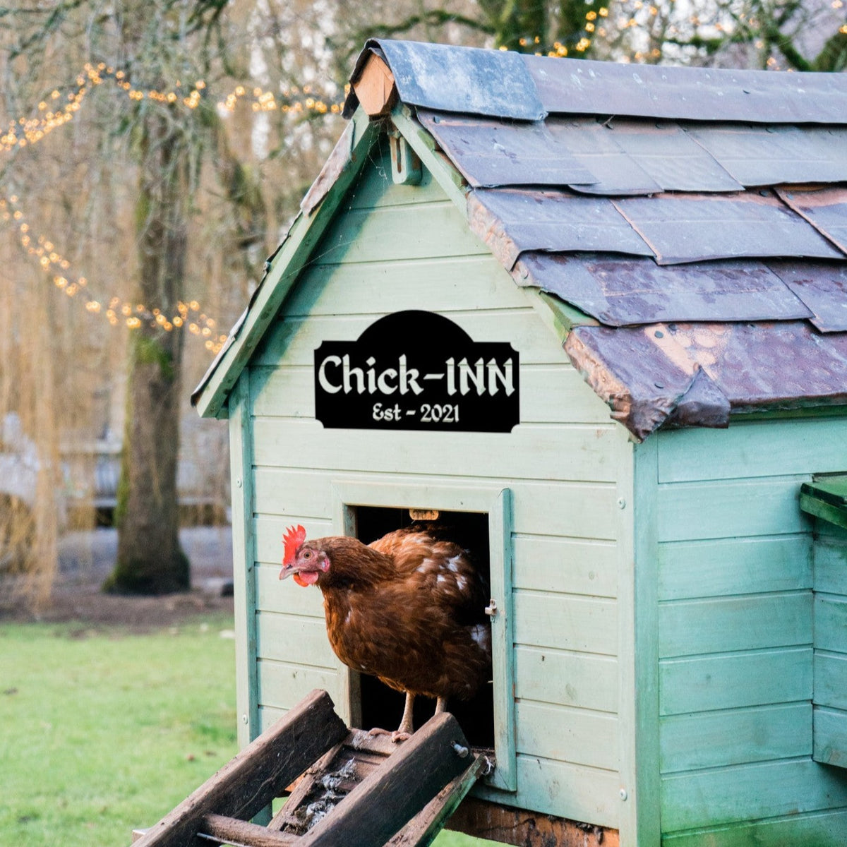 Personalized Chick-Inn Chicken Coop Metal Sign - Rustic Rooster/Hen Ho ...